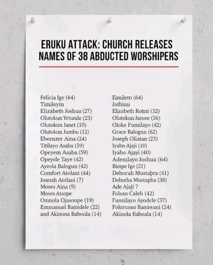 Eruku In Tears As Church Releases Full List Of 38 Worshippers Abducted ...